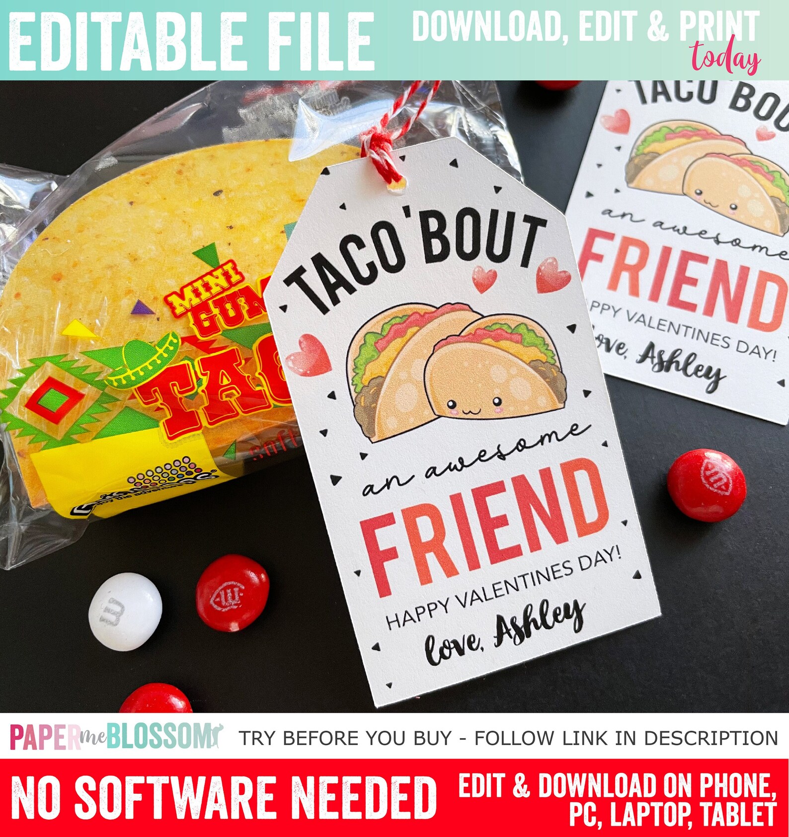 EDITABLE Taco 'bout an Awesome Friend Valentines Day Kids | Etsy