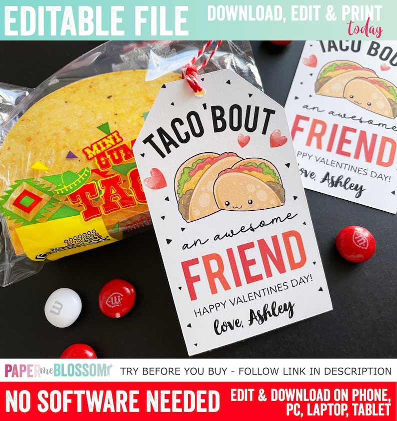 EDITABLE Taco 'bout an Awesome Friend Valentines Day Kids | Etsy