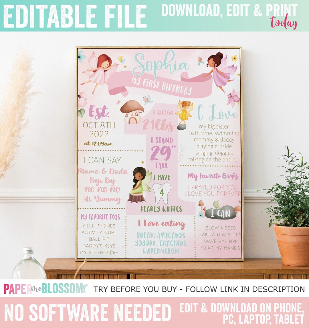 EDITABLE Fairy Whimsical Enchanted Pixie First Birthday Stats Poster ...