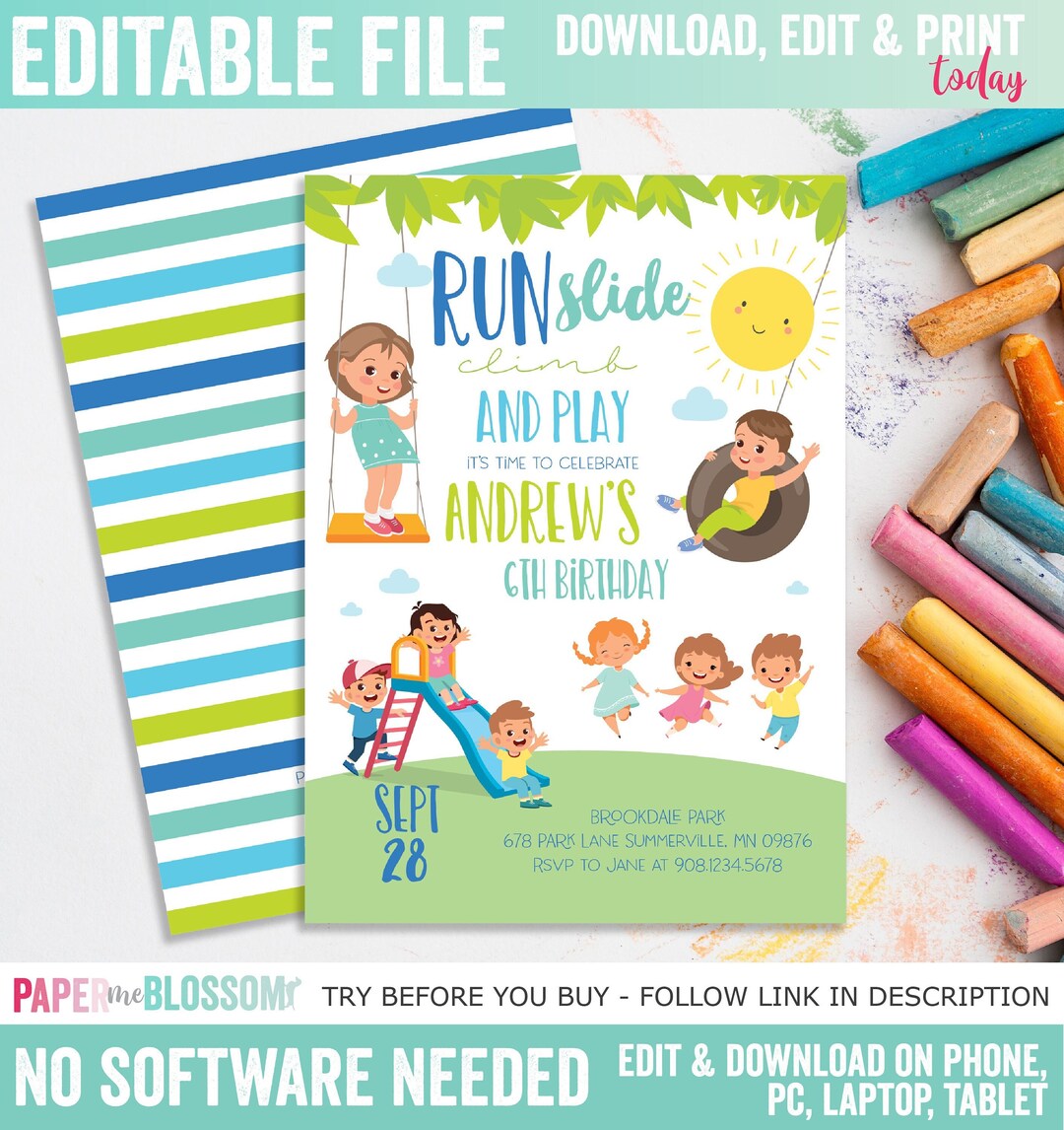 Editable Run, Slide, Climb and Come and Play Playground Birthday ...
