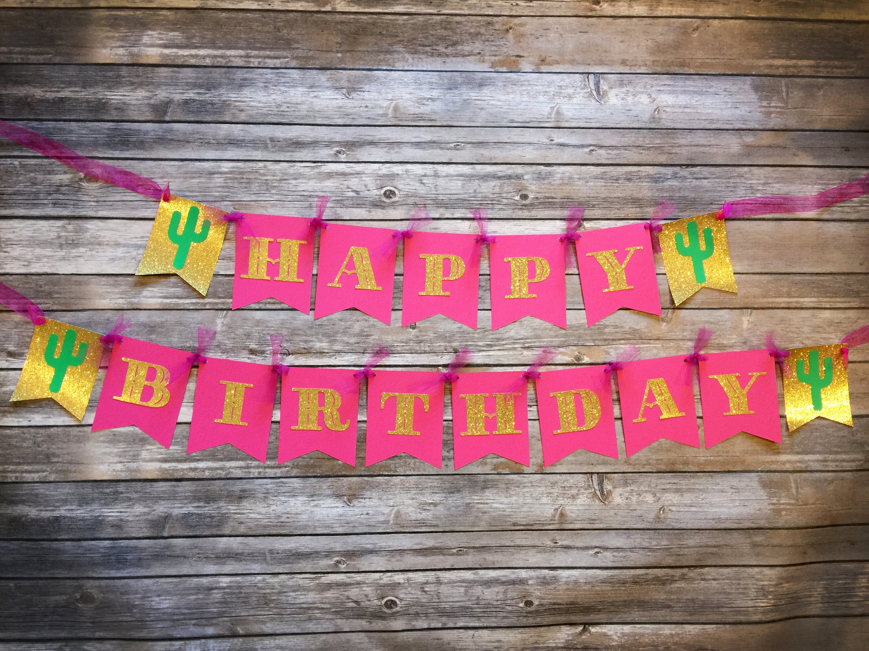 Fiesta Cactus Mexican Spanish Style Birthday Banner - Gold Glitter ...