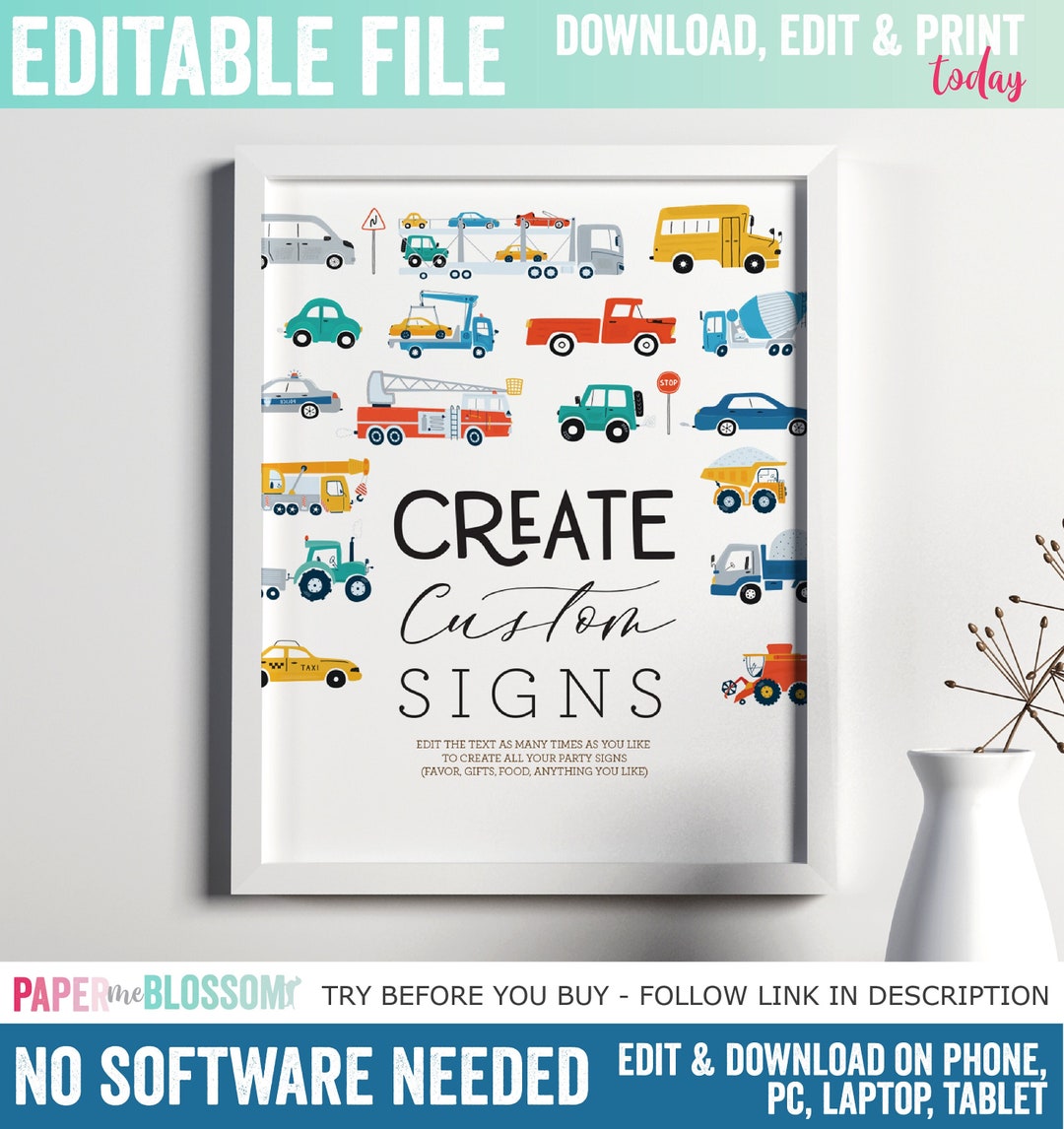 EDITABLE Transportation Birthday Custom Sign Bus, Truck, Cars ...