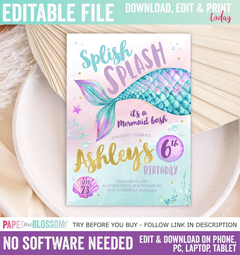 Editable Little Mermaid Splish Splash Birthday Invitation - Etsy