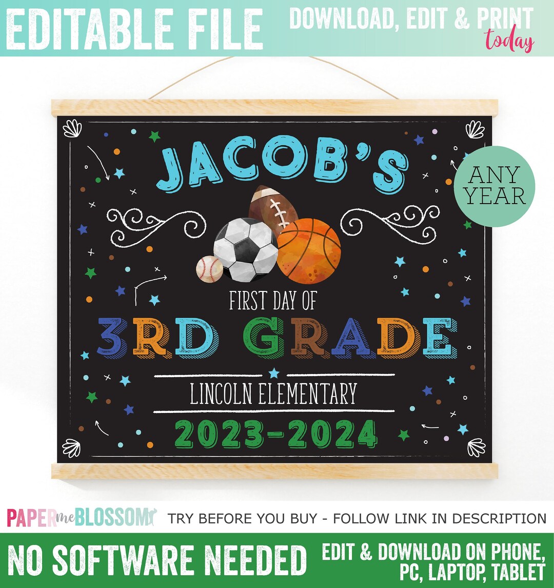 EDITABLE First Day of School Sports Balls Custom Sign ANY GRADE - Back ...