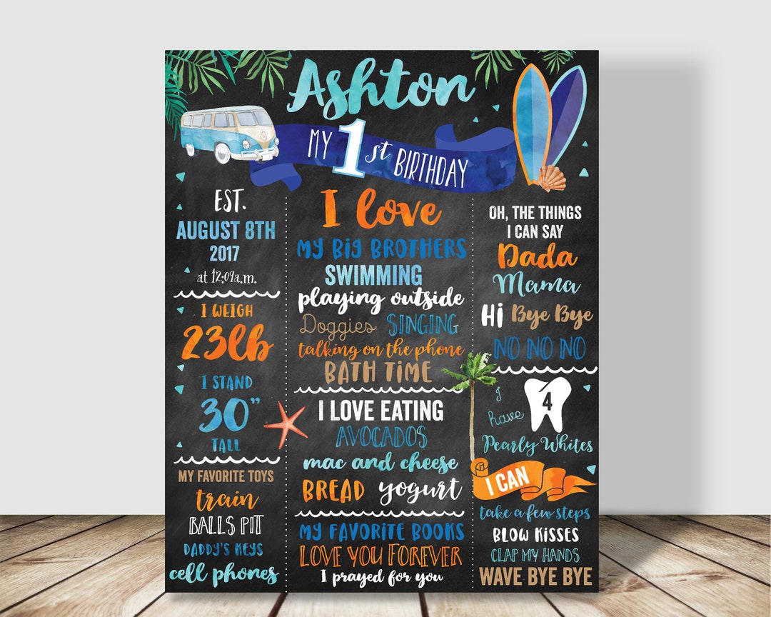 Surf First Birthday Stats Birthday Poster - 16x20 Printable PDF ...