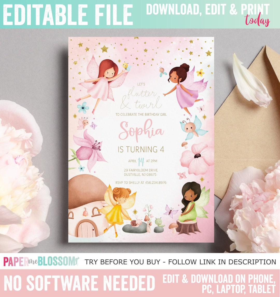 Editable Fairy Whimsical Enchanted Pixie Birthday Invitation ...