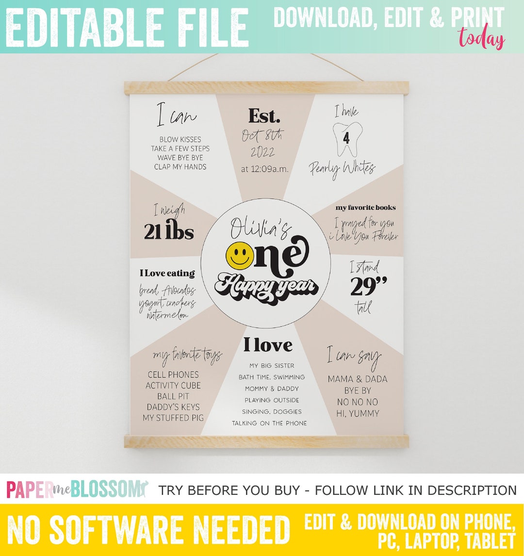 EDITABLE One Happy Babe/dude First Birthday Stats Info Poster - Groovy ...