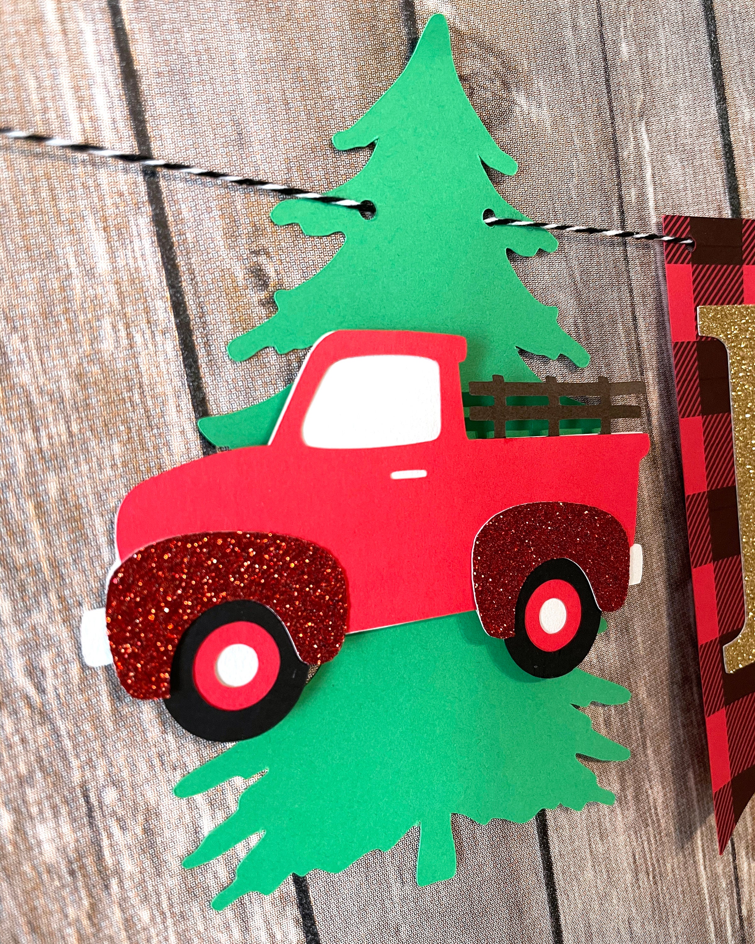 Red Farm Truck Christmas Pine Tree Happy Birthday Banner - Red Truck ...