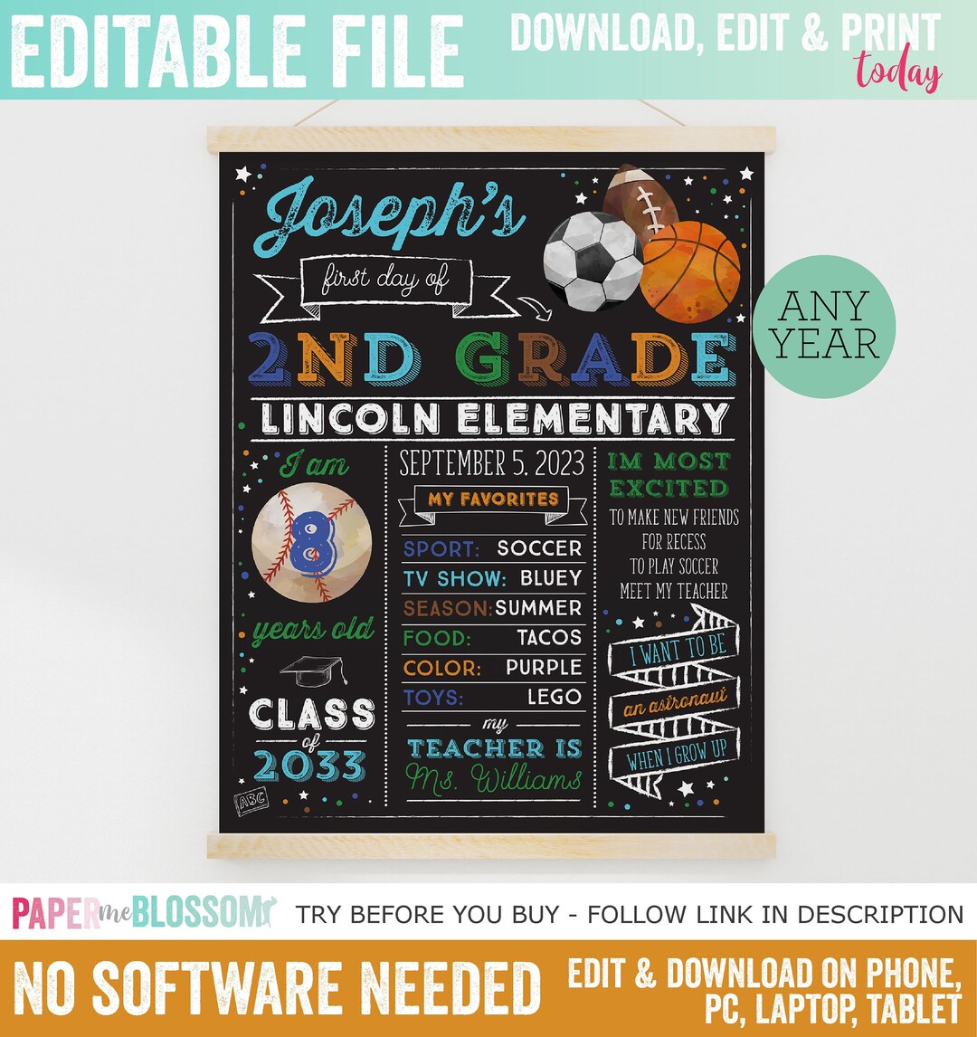 EDITABLE First Day of School Sports Sign/back to School Chalkboard ...
