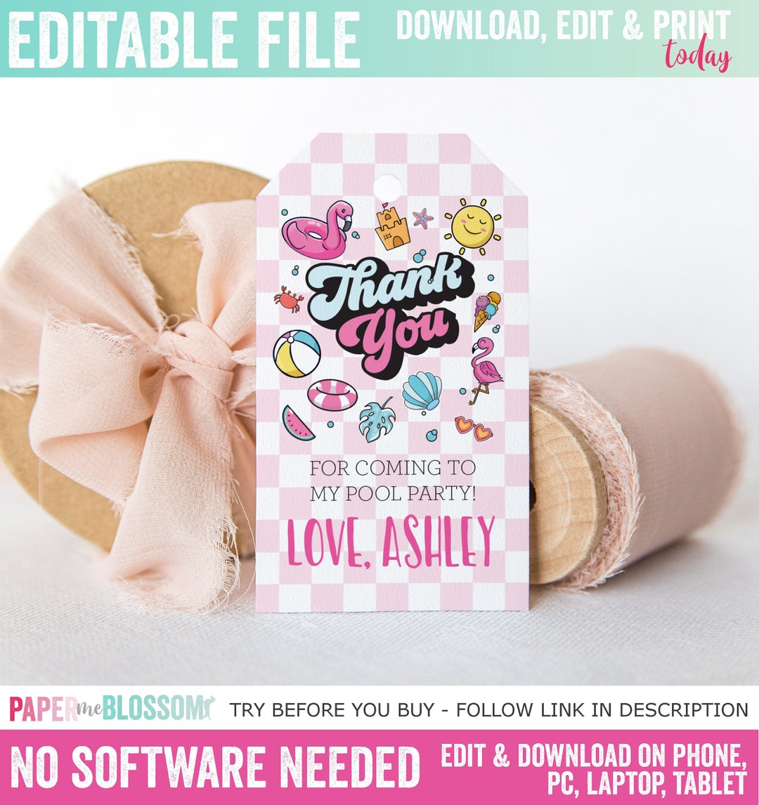 EDITABLE Retro Groovy Summer Pool Party Birthday Favor Thank You Gift ...