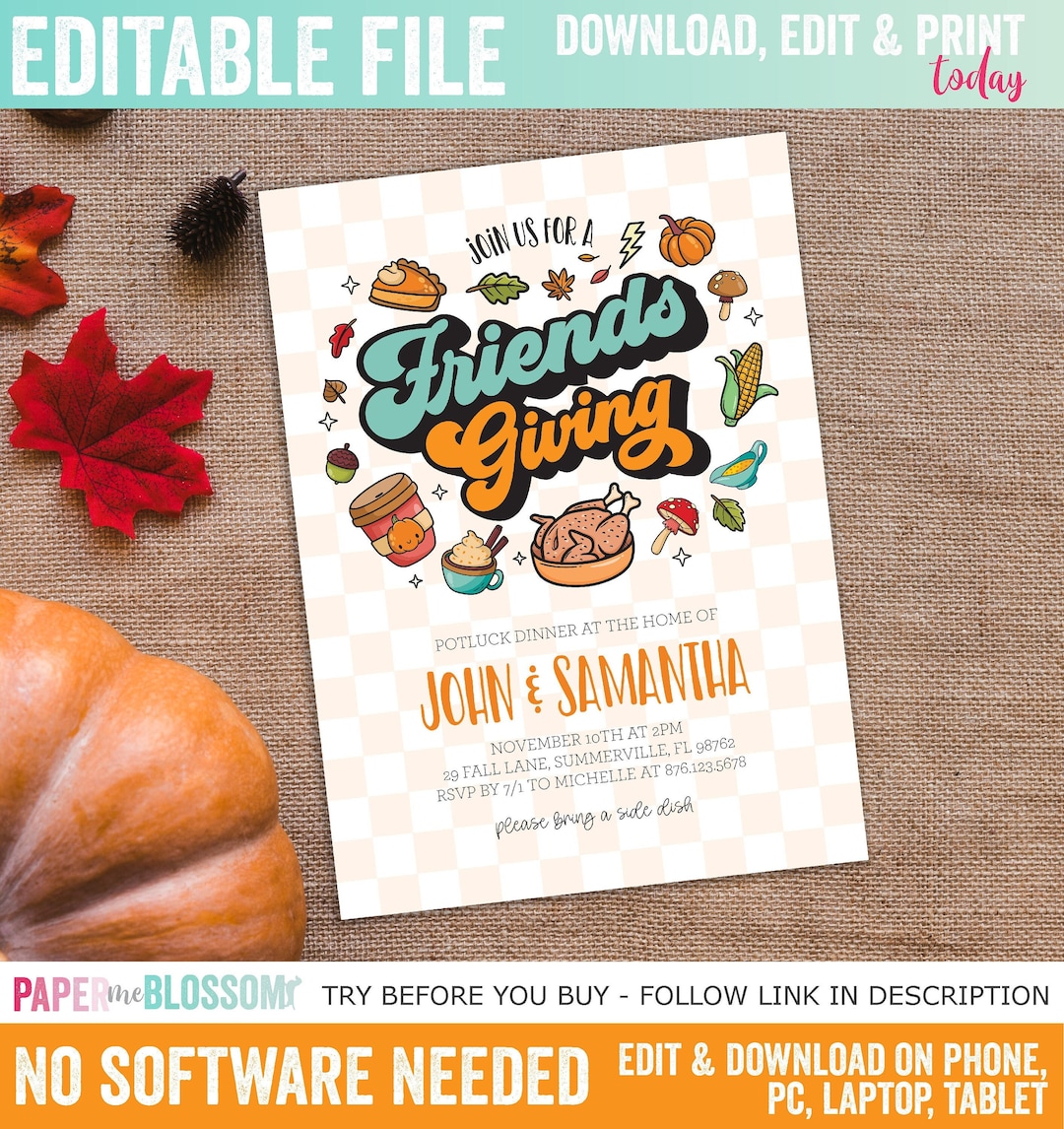 Editable Retro Friendsgiving Day Dinner Invitation - Thanksgiving Pot ...