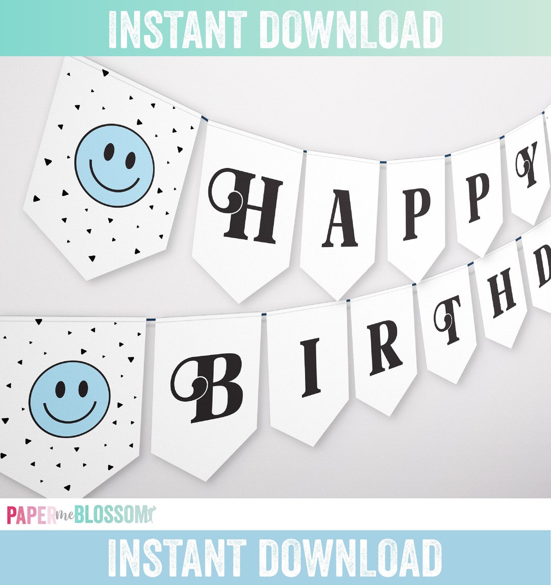 Blue Smiley Face Happy Birthday Banner - Smiley Face Retro Groovy ...