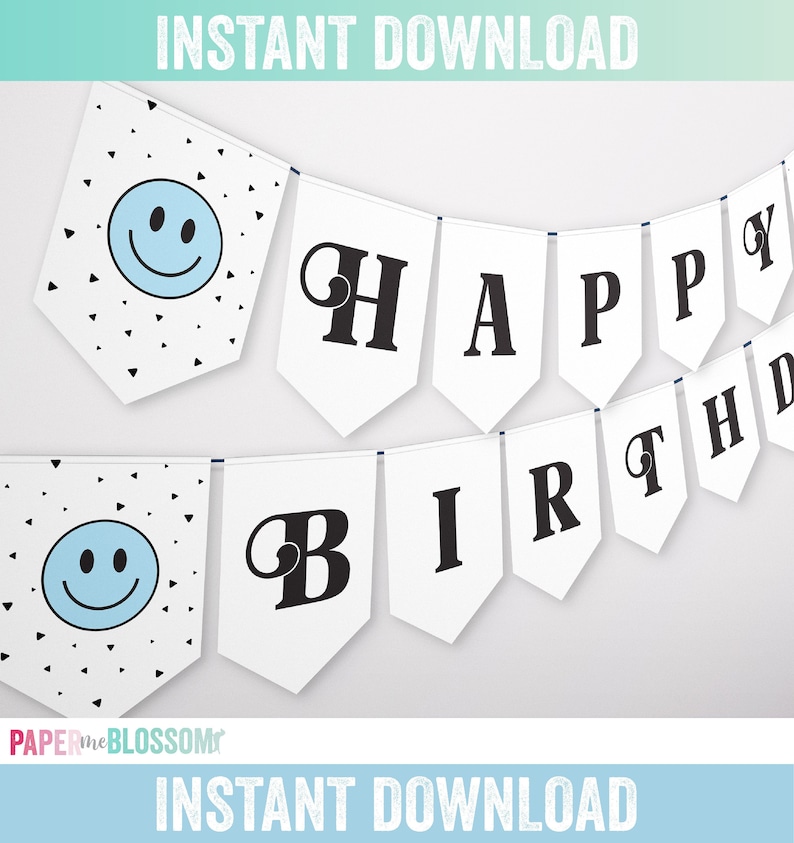 Blue Smiley Face Happy Birthday Banner - Smiley Face Retro Groovy ...