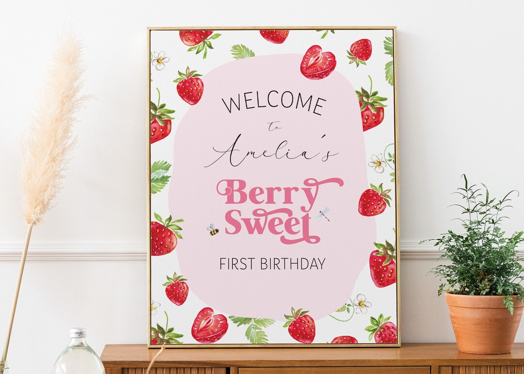 EDITABLE Berry Sweet Strawberry Birthday Welcome Poster - Watercolor ...