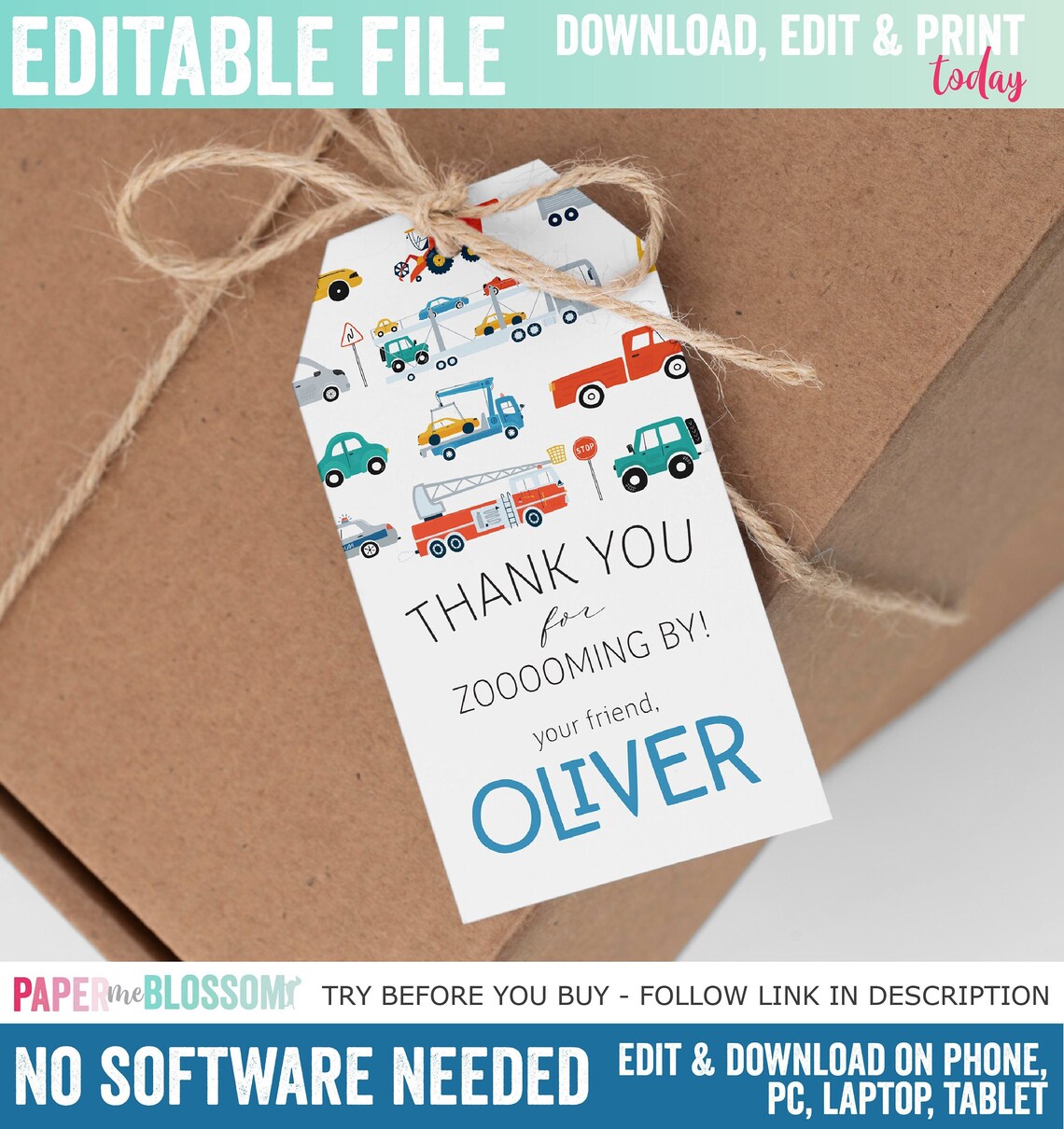 EDITABLE Transportation Birthday Favor Thank You Gift Tag - Bus, Truck ...