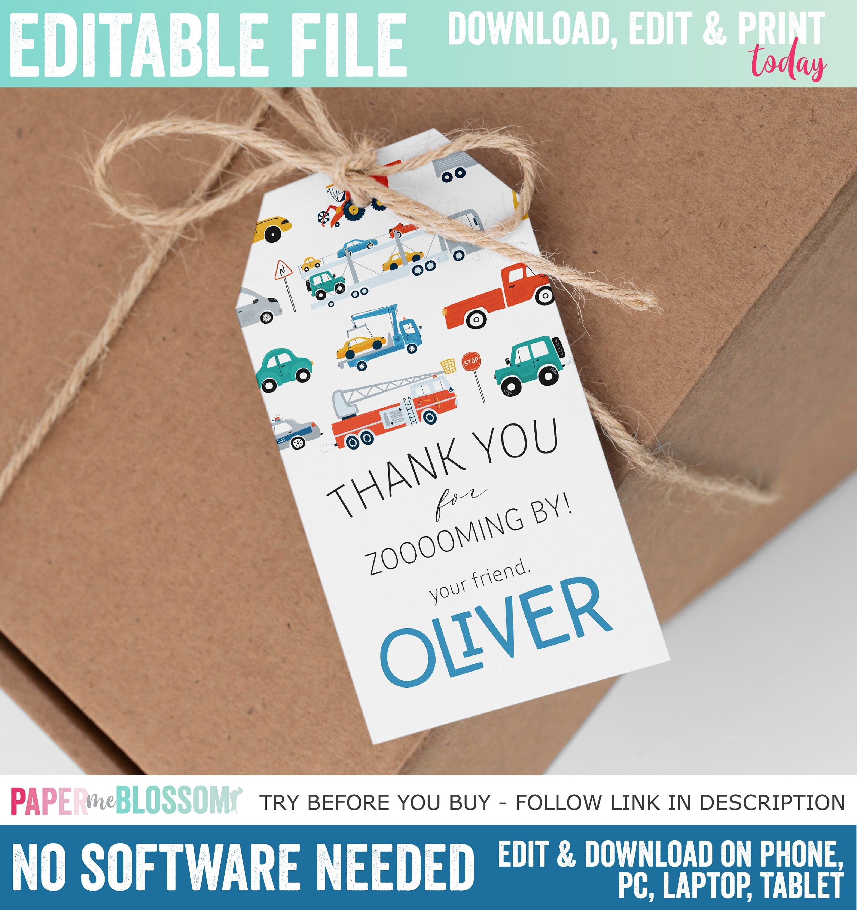 EDITABLE Transportation Birthday Favor Thank You Gift Tag - Bus, Truck ...