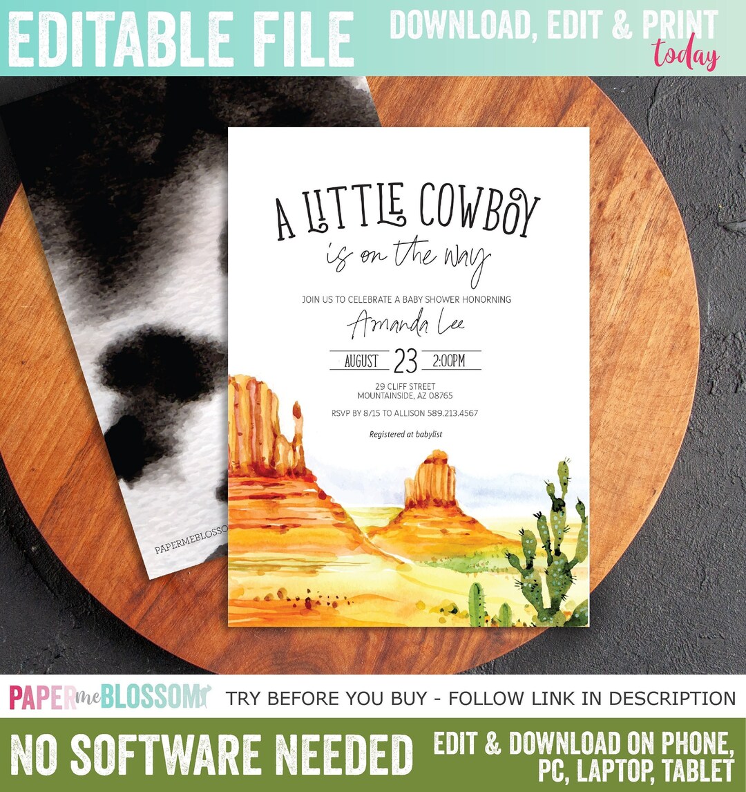 Editable Little Cowboy Baby Shower Invitation - Wild West Rodeo Baby ...