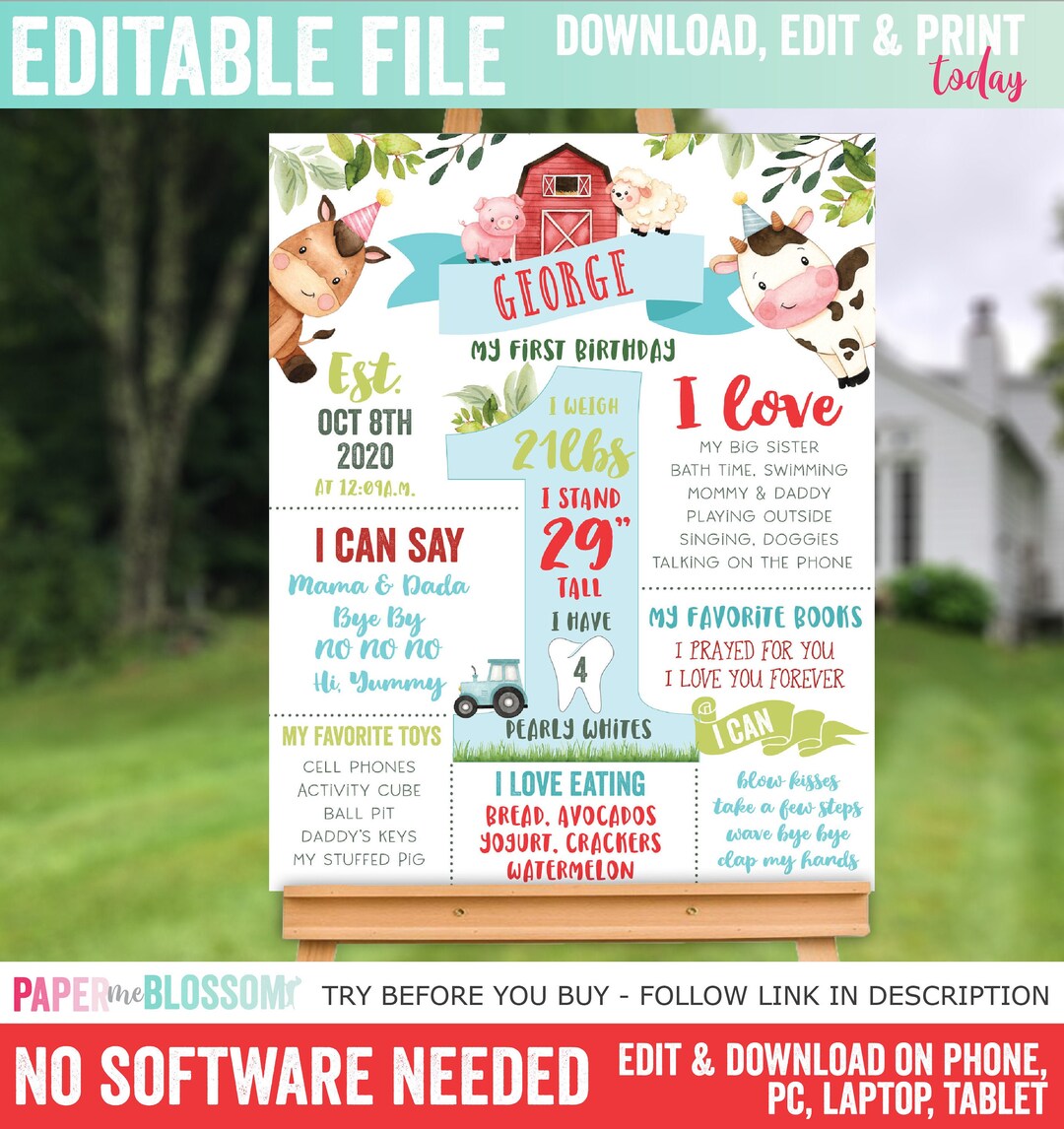 EDITABLE Farm Animal Barnyard First Birthday Stats Poster - Red Barn ...