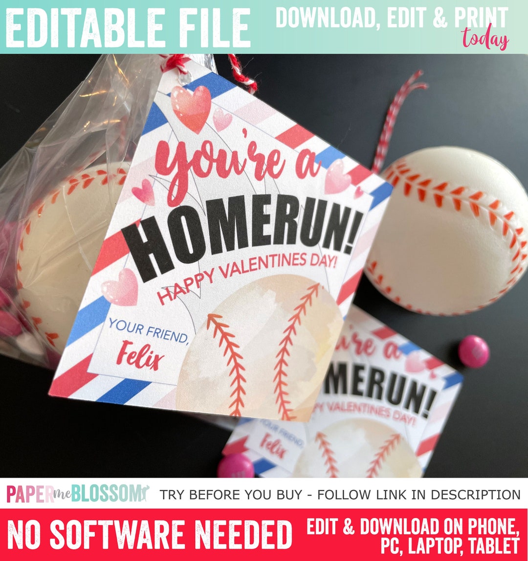 EDITABLE Valentines, Baseball You're a Homerun Valentines Day Kids Gift ...