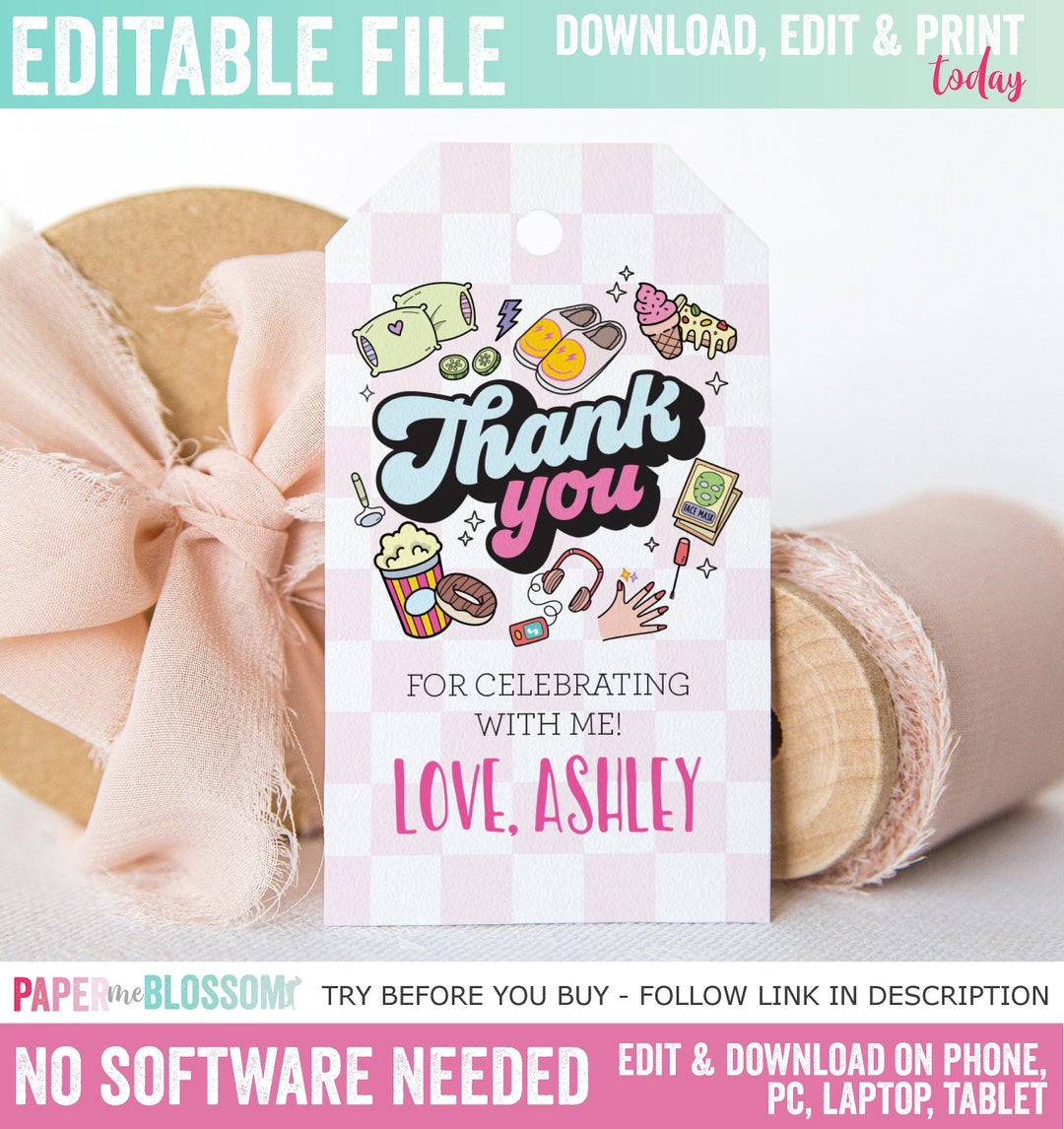 EDITABLE Retro Groovy Girl Sleep Over Party Birthday Favor Thank You ...