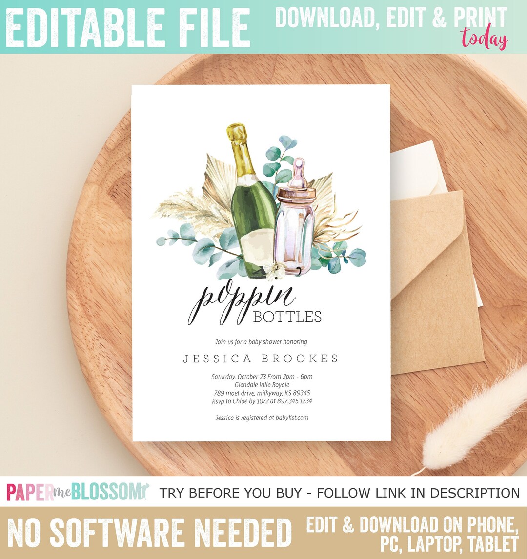 Editable Poppin' Bottles Baby Shower Invitation - Champagne Bottle Baby ...