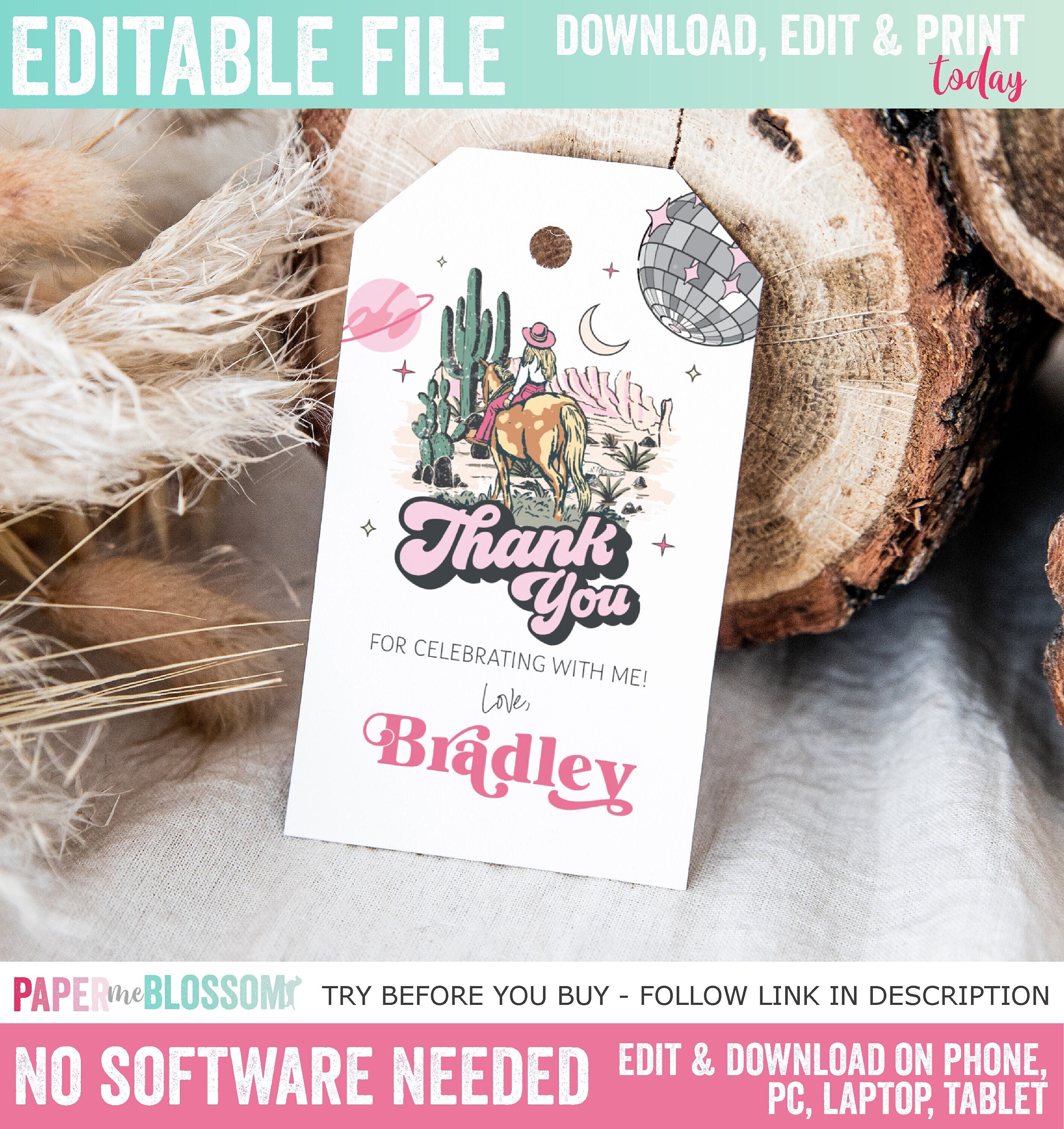 Editable Space Cowgirl Birthday Thank You Favor Gift Tag-retro ...