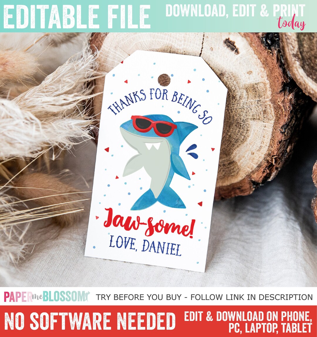 EDITABLE Shark Summer Favor Thank You Gift Tag - Jaw-some Friendly ...
