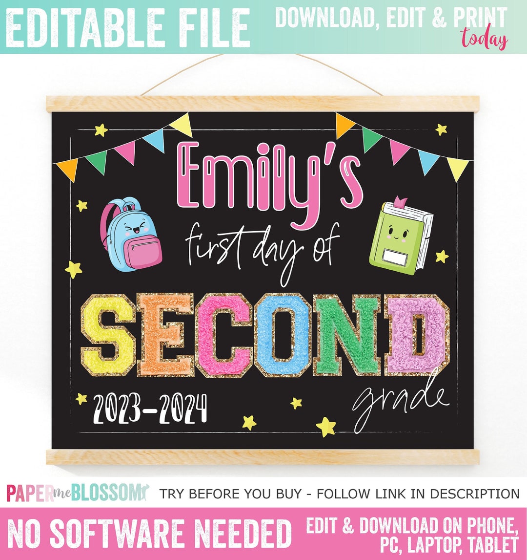 EDITABLE First Day of School SECOND GRADE Custom Sign/back to School ...