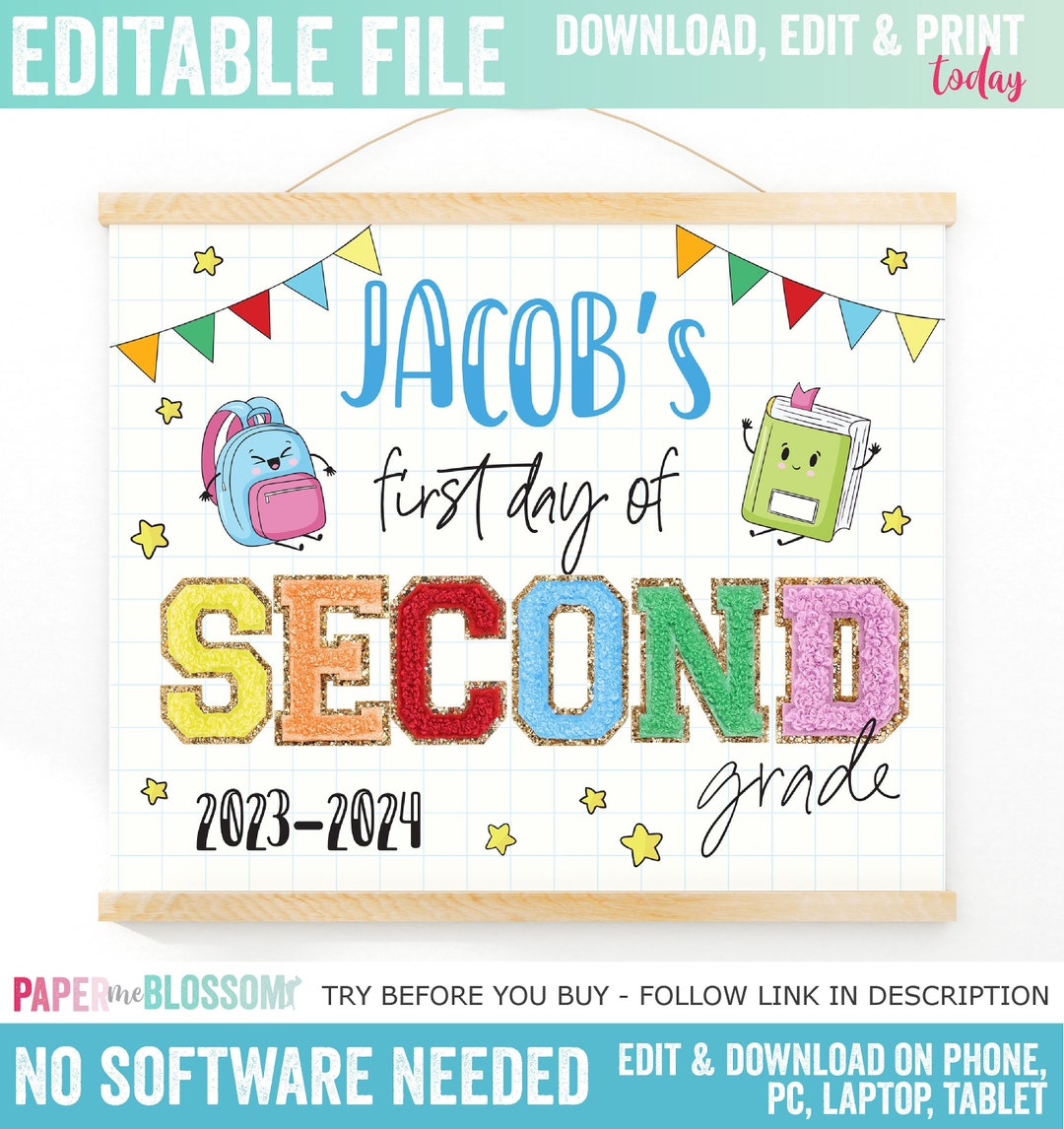 EDITABLE First Day of School SECOND GRADE Custom Sign/back to School ...