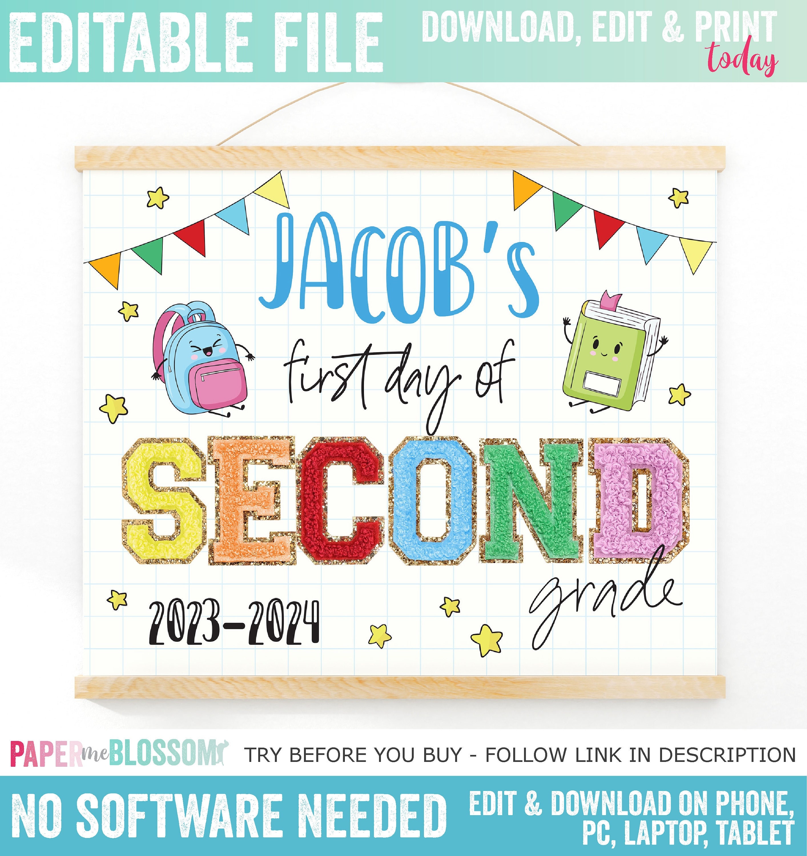 EDITABLE First Day of School SECOND GRADE Custom Sign/back to School ...