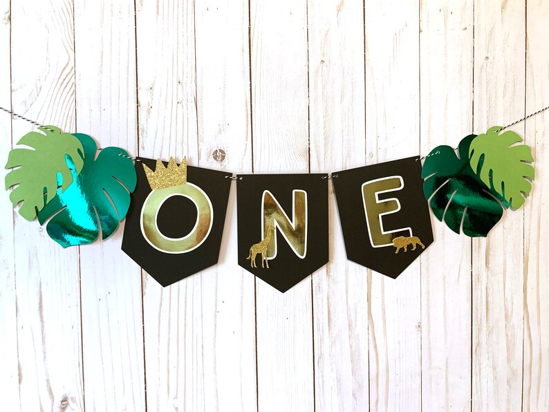 Wild One Wild Animal Tropical Leaves High Chair Birthday Banner - Wild ...