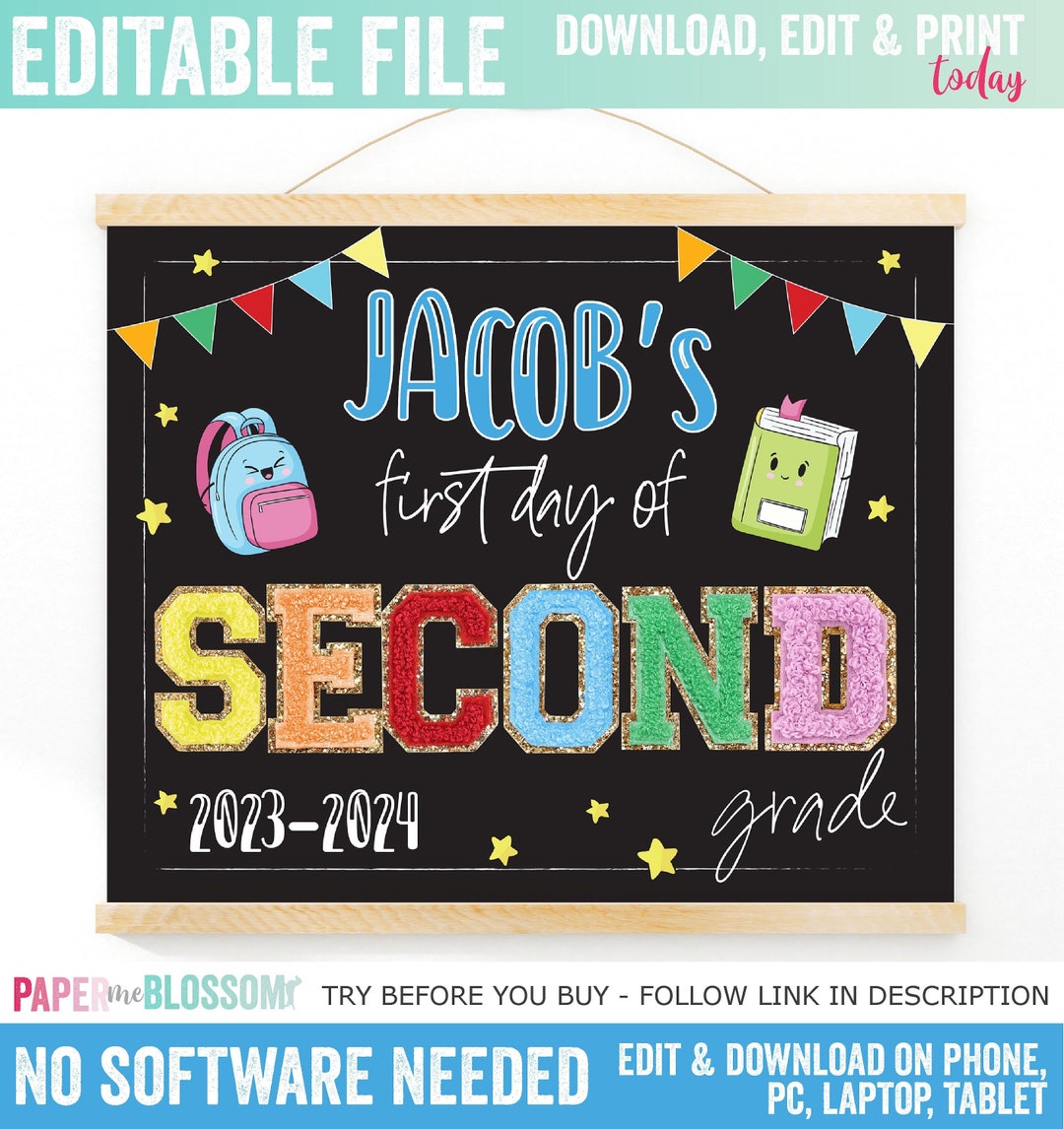 EDITABLE First Day of School SECOND GRADE Custom Sign/back to School ...