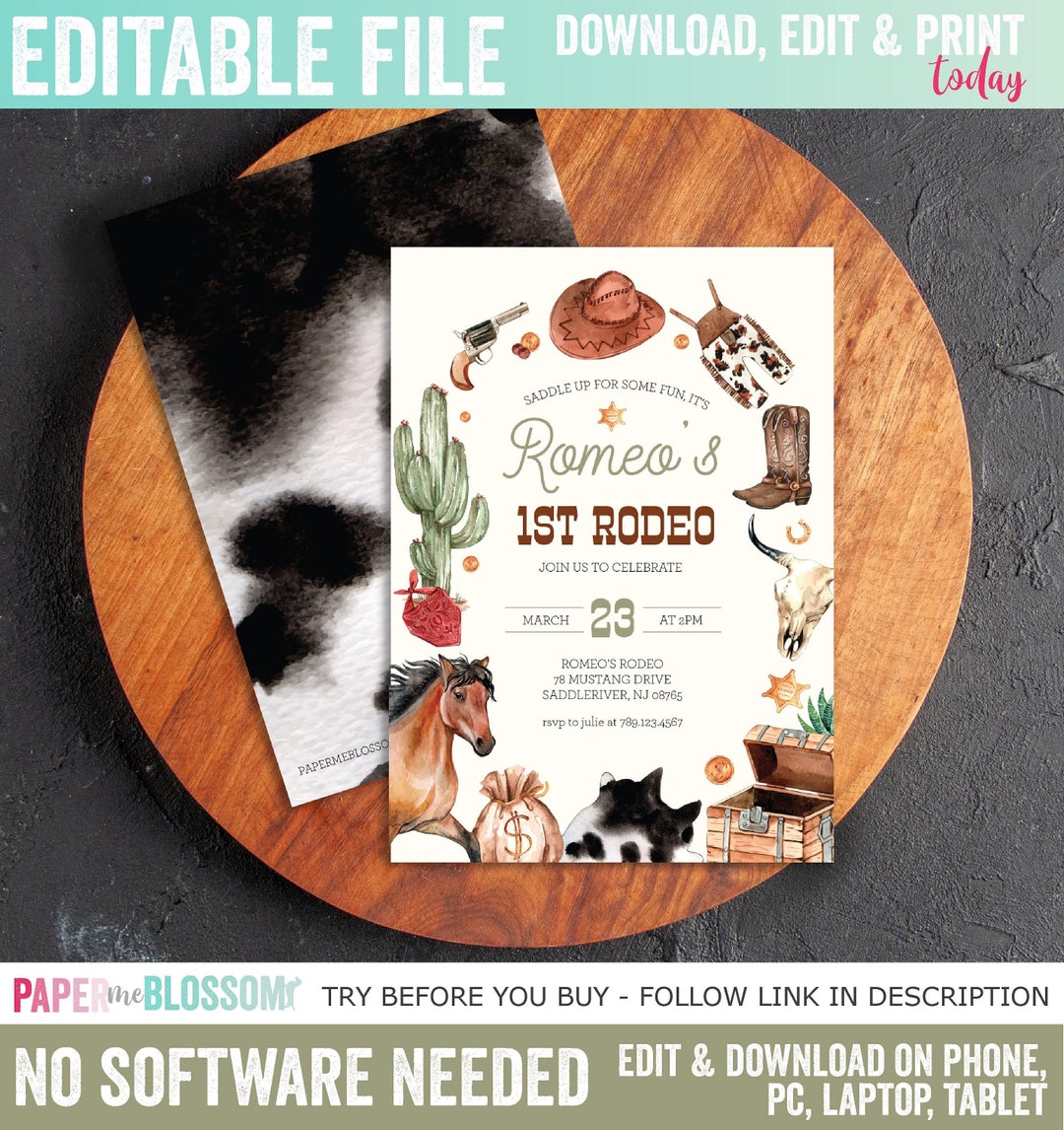 Editable Cowboy First Rodeo Birthday Invitation - Boy Wild West ...