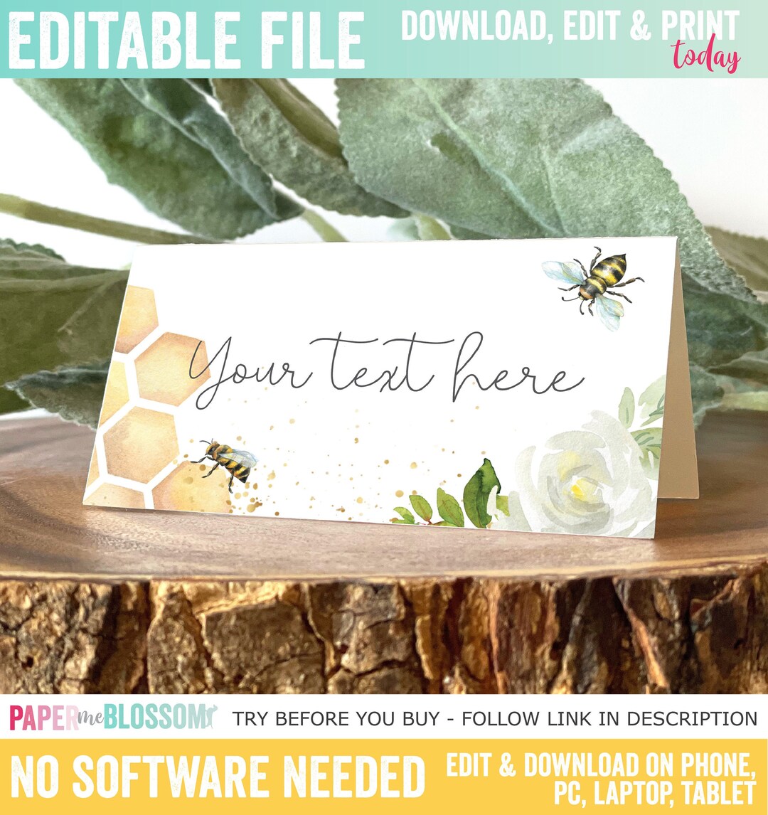 EDITABLE A Little Bee Place Card - Mommy to Bee Watercolor Name Place ...