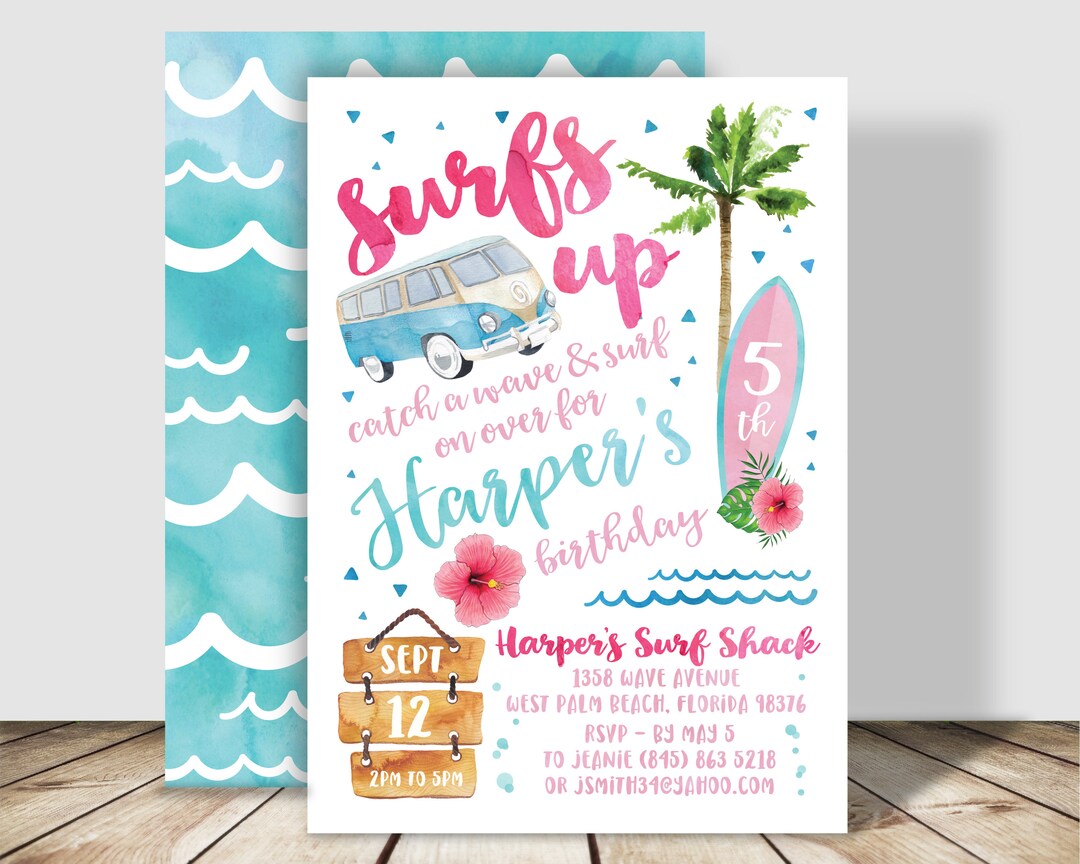 Surfs up Girl Luau Birthday - Summer Surfing Beach Party Invitation 5x7 ...