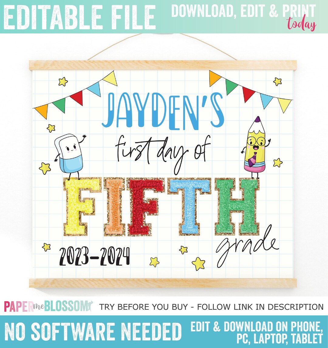 EDITABLE First Day of School FIFTH GRADE Custom Sign/back to School ...