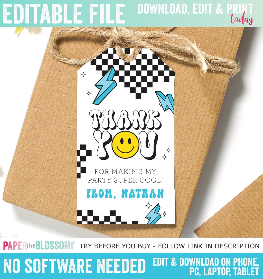 Editable One Happy Dude Retro Groovy Thank You Favor Tag - Smiley Face ...