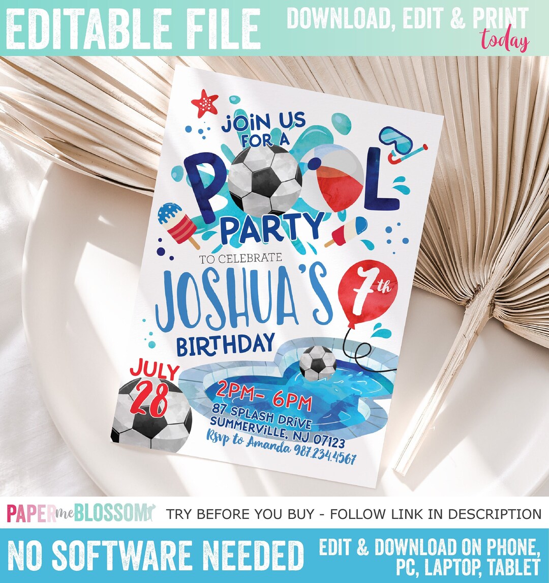 Editable Soccer Summer Pool Party Birthday Invitation - Sports Pool ...