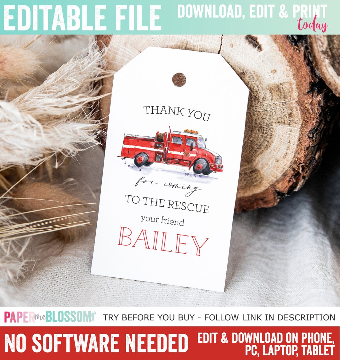 EDITABLE Fire Truck Birthday Favor Thank You Gift Tag - Sound the Alarm ...