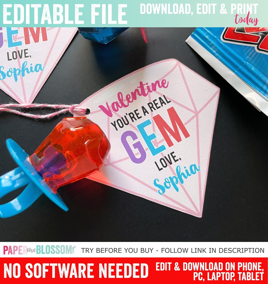 EDITABLE Valentines, You're a Real Gem Ring Pop Valentines Day Kids ...