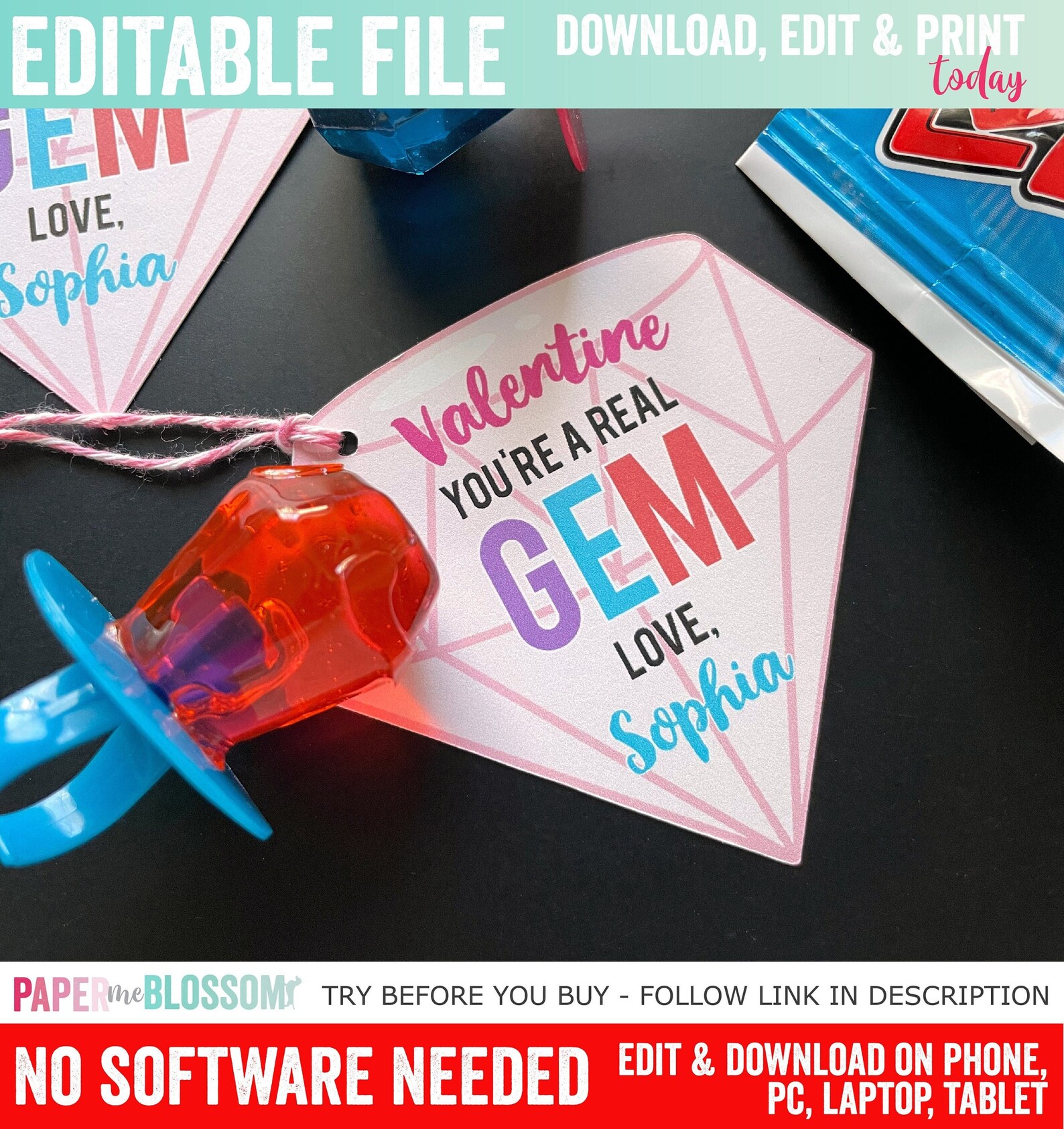 EDITABLE Valentines, You're a Real Gem Ring Pop Valentines Day Kids ...