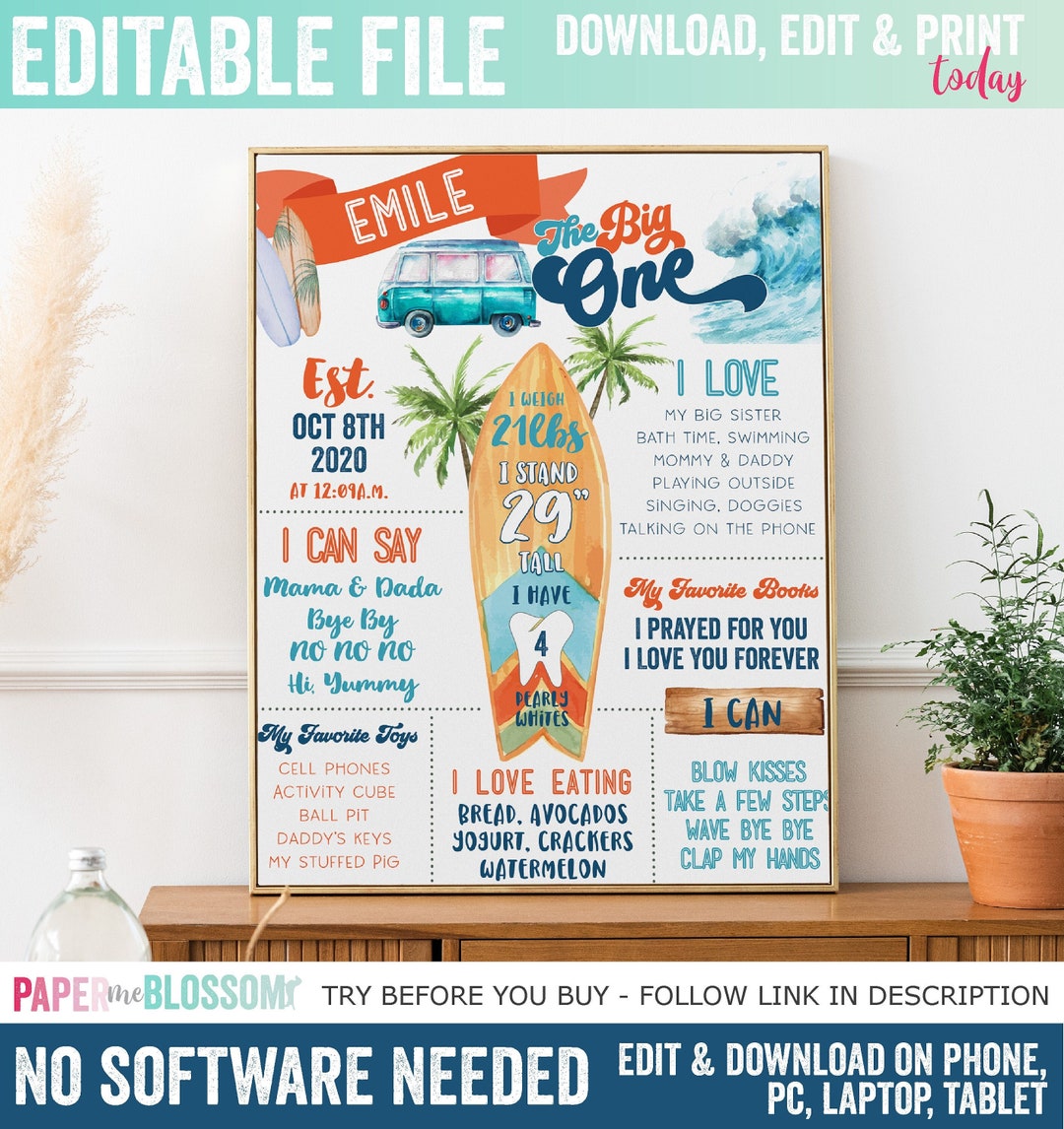 EDITABLE the Big One Surfing Boy First Birthday Stats Poster - Ocean ...