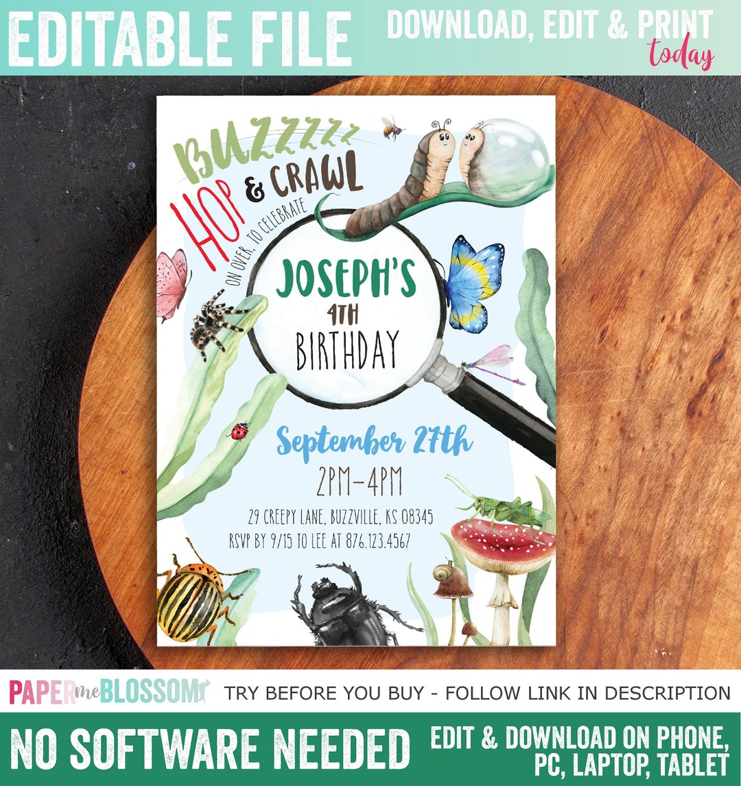 Editable Buzz Hop Crawl Bug Birthday Invitation - Insect Nature Outdoor ...