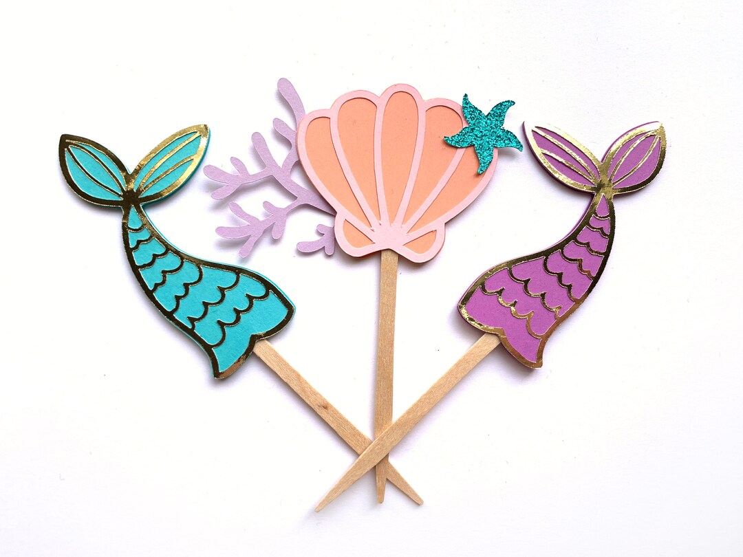 12 Mermaid Under the Sea Gold Foil Glitter Birthday Cupcake Toppers ...