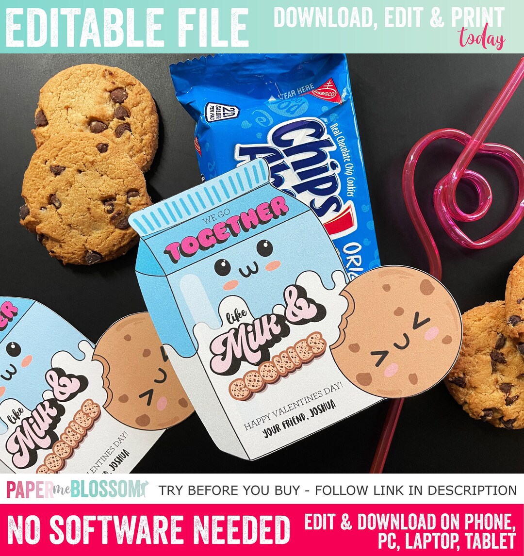 EDITABLE Valentines Milk and Cookies Valentines Day Kids Gift Tag - We ...