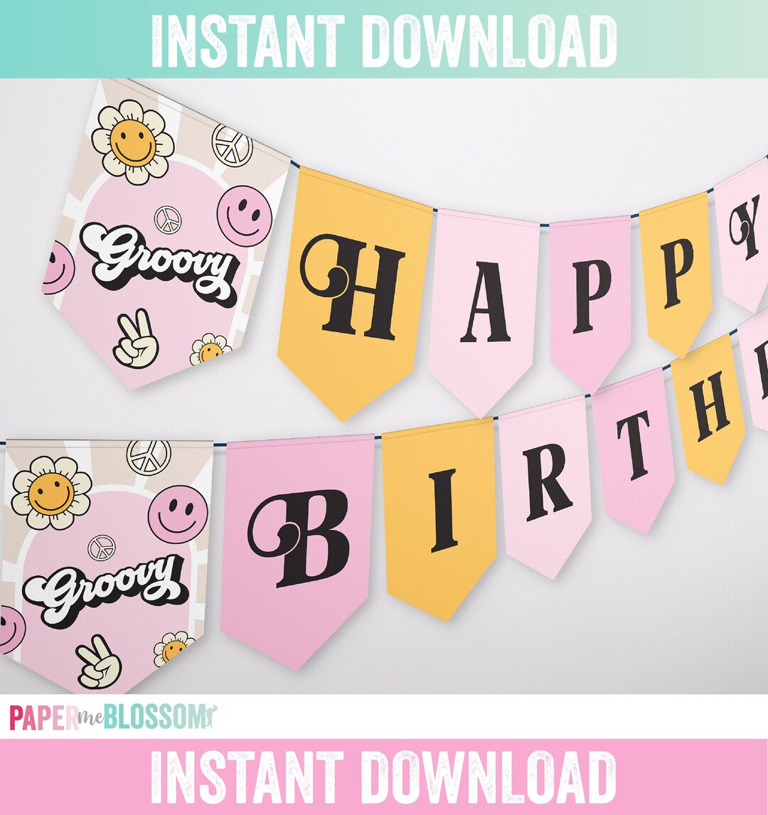 Two Groovy Smiley Face Happy Birthday Banner - Retro Groovy Printable ...