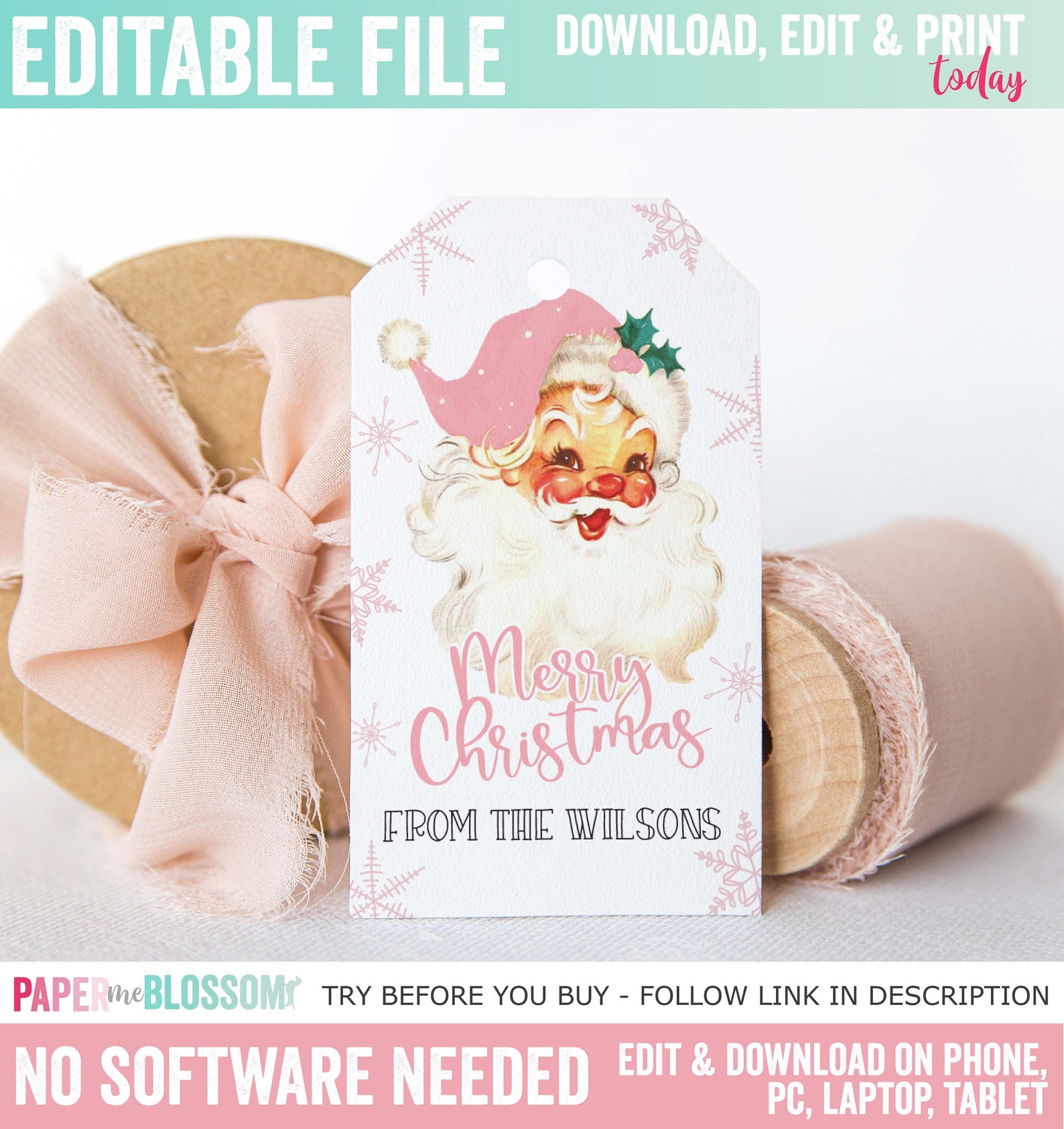 EDITABLE Pink Santa Vintage Merry Christmas Gift Tag - Pink Christmas ...