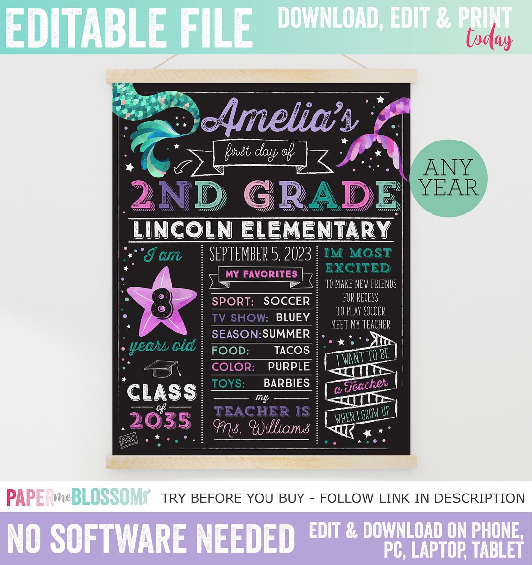 EDITABLE First Day of School Mermaid Sign - Back to School Chalkboard ...