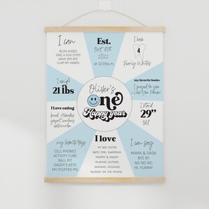 Blue Smiley Face Happy Birthday Banner - Smiley Face Retro Groovy ...