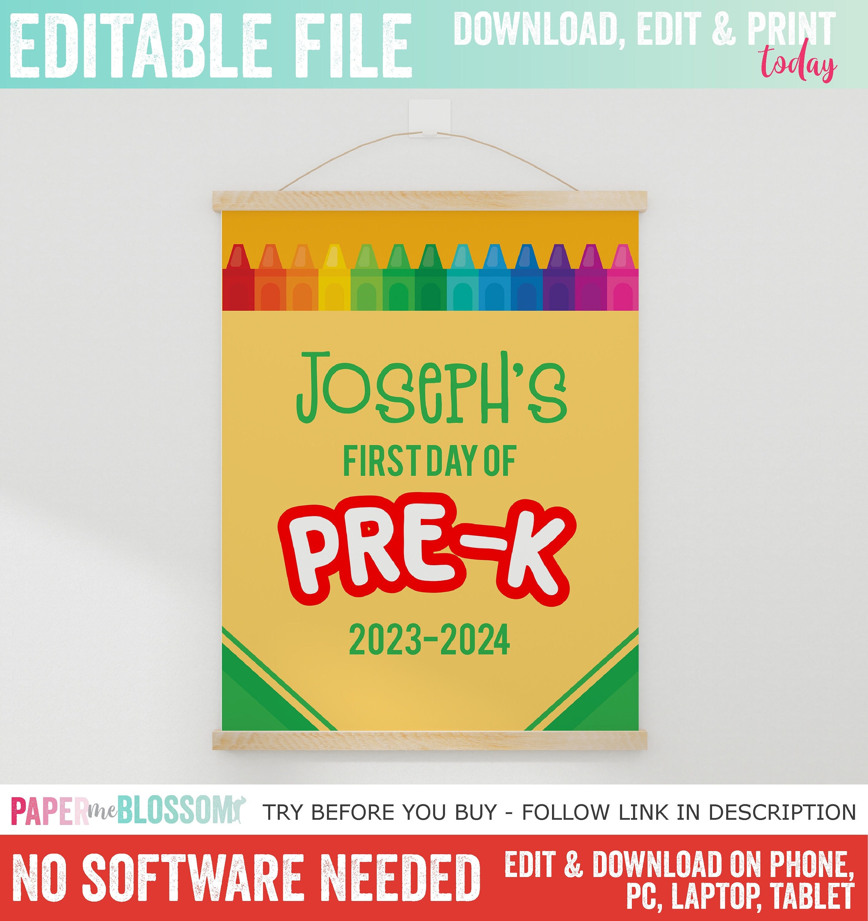 EDITABLE First Day of Pre-k Crayon School Custom Sign - Back to School ...